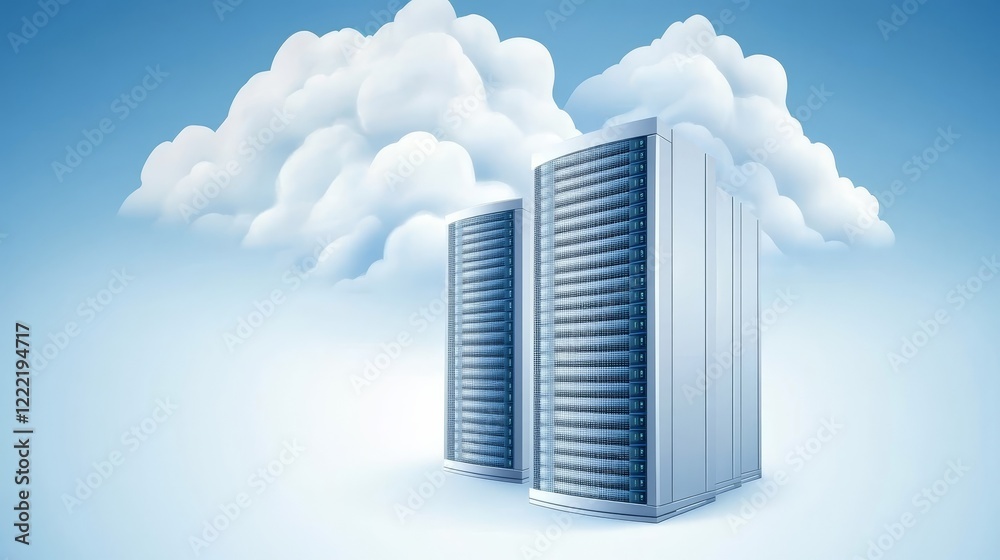 Two servers floating in the clouds, a symbol of cloud computing and data storage solutions Stock ...
