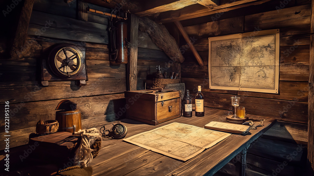 Pirate capitan ship cabin. Wooden room interior, game background with ...