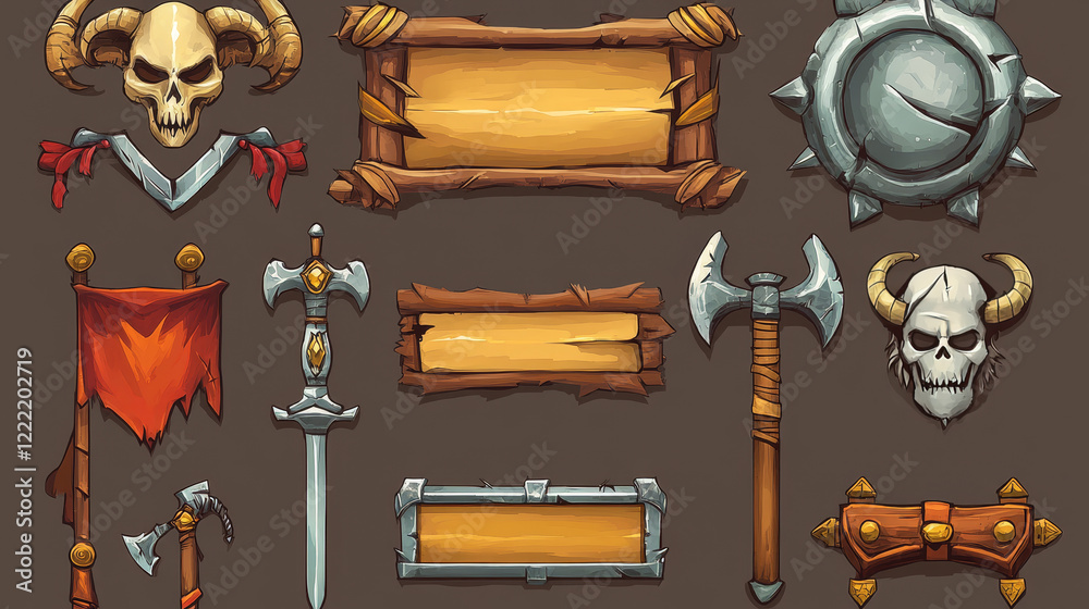 Medieval level frames, viking game ui menu elements, gold or silver ...