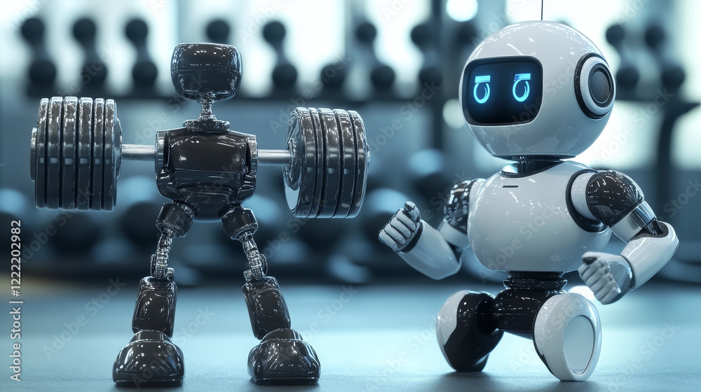 Robot train with dumbbell, cute chatbot with sport equipment pumping ...