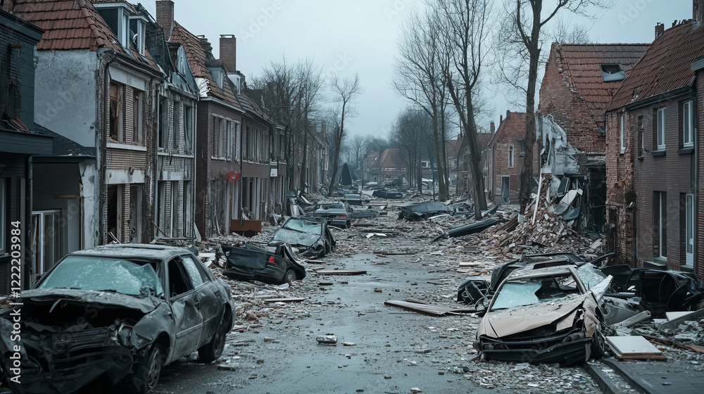 Destroyed derelict city street after war, earthquake, collapse, unrest ...