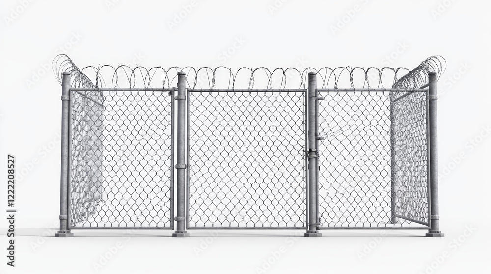 Fence with barbed wire, metal grid with gate. Steel fencing segments ...