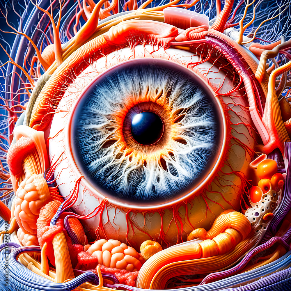 Anatomical illustration showing the structure of the human retinal ...