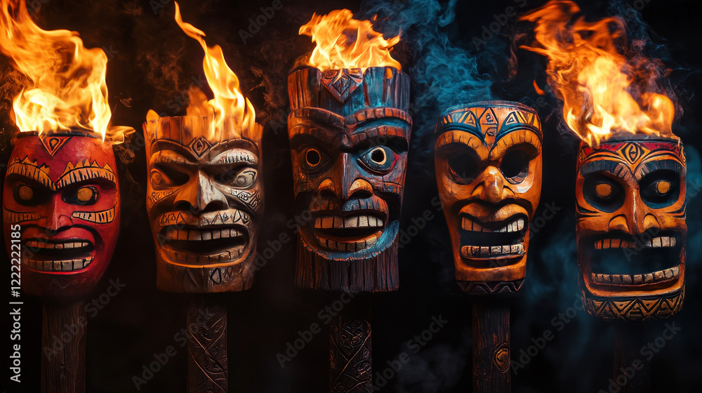 Tiki masks and burning torches, tribal wooden totems, hawaiian or ...