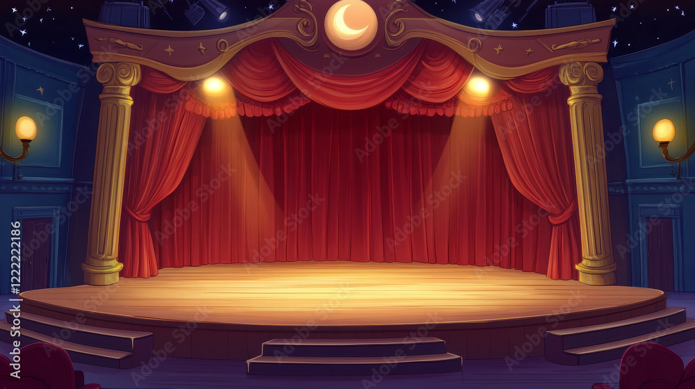 Theater stage, empty scene with red curtains, spotlights and decoration ...