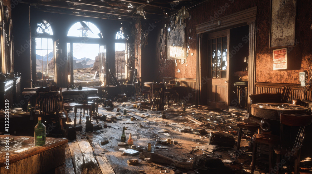 Mess in tavern after criminal fight. Vector cartoon illustration of ...