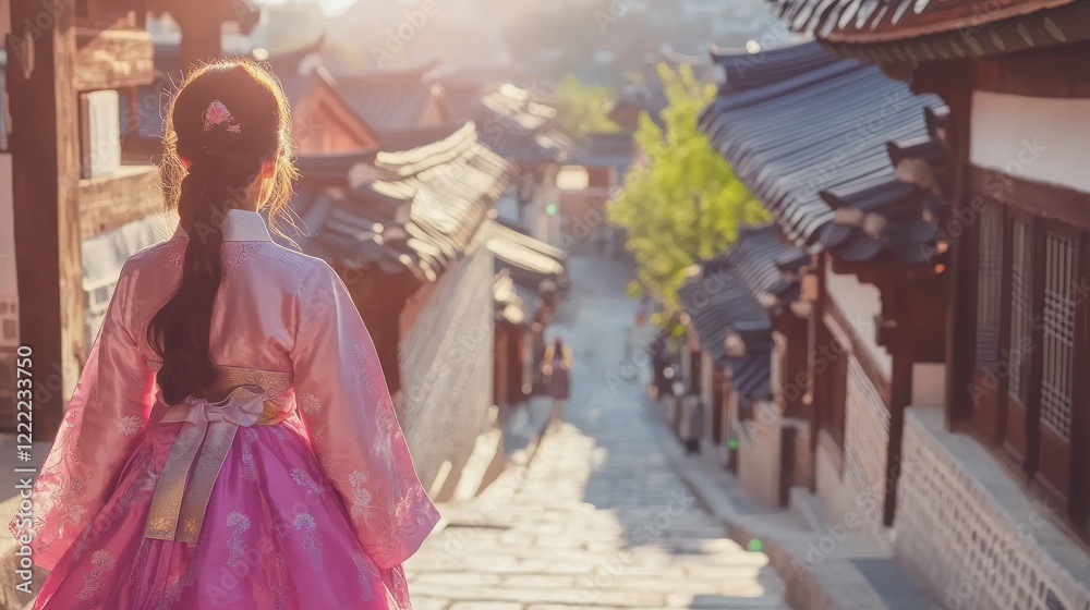 Ilustración de Stock Back view of korean asian woman in traditional ...