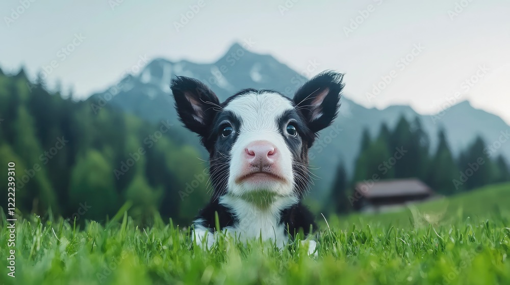 Cute calf in alpine meadow, mountains background, idyllic farm scene ...