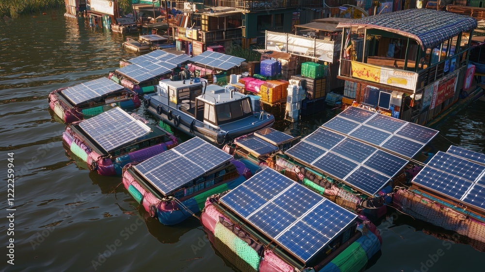 Floating solar panels charging boat on river, shanty town background ...