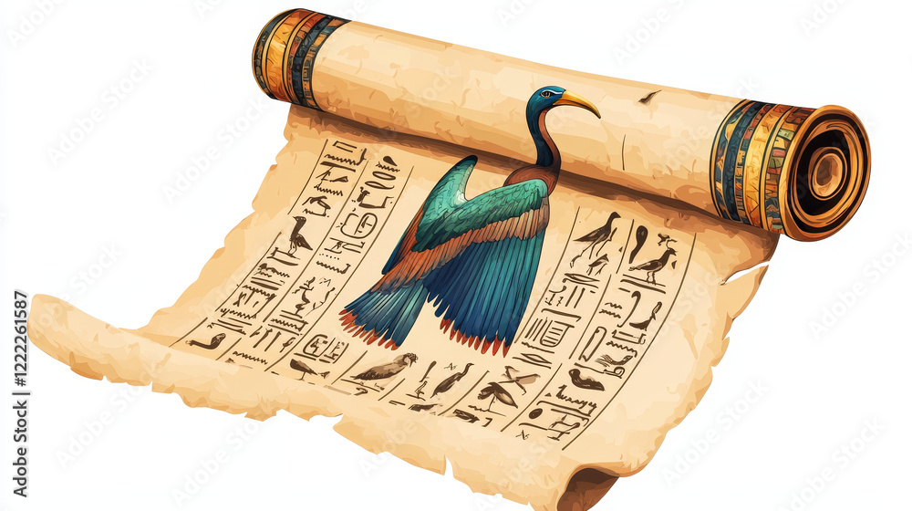 Ancient Egypt papyrus part or or stone column with sacred bird figure ...