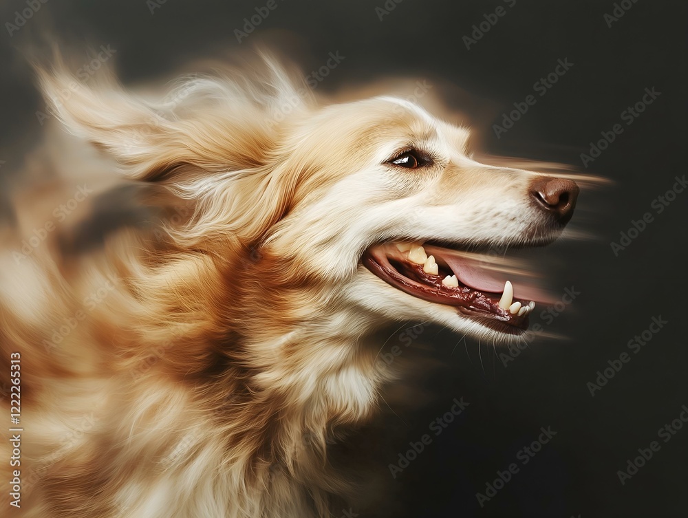 long-haired dog with motion blur, golden fur, dynamic pose, dark ...