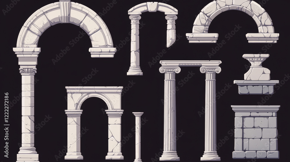 Ancient greek or roman arches from white marble. Vector cartoon set of ...