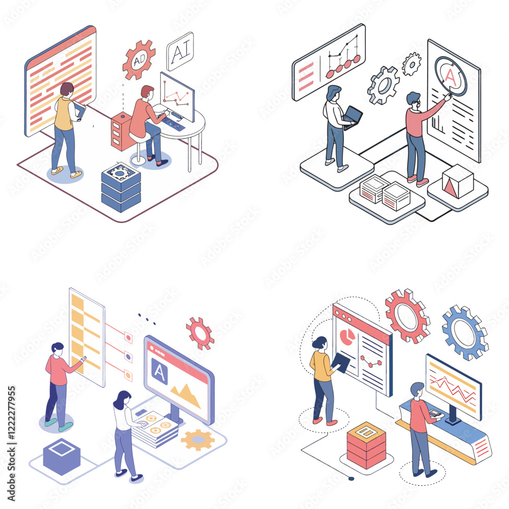 Characters working with generative AI model tools. Deep learning, artificial intelligence ...