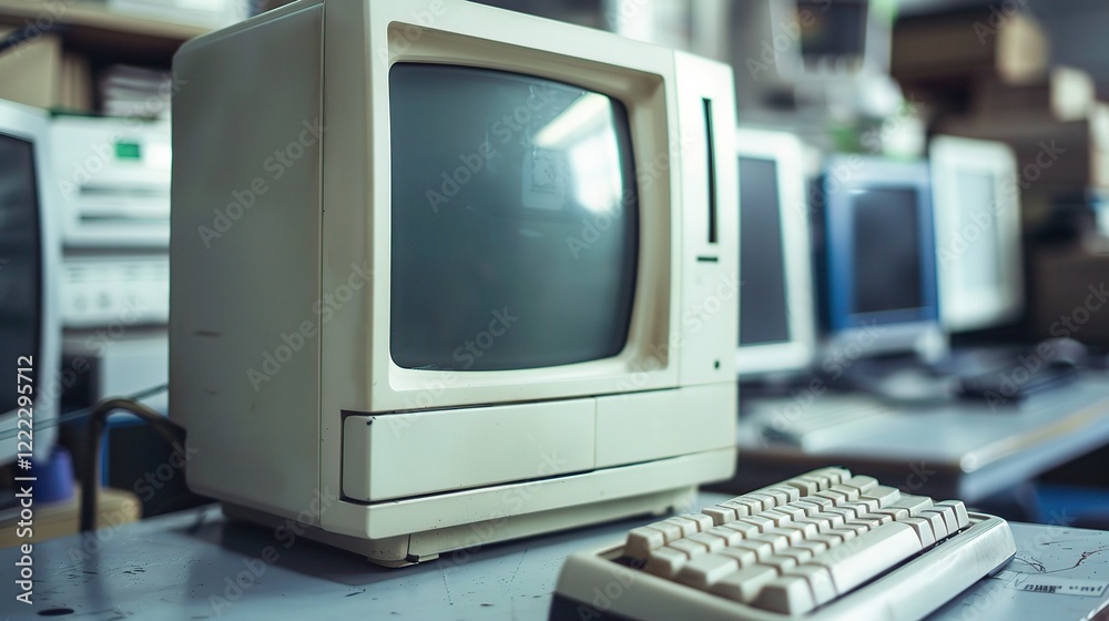 A nostalgic old computer, boasting a bulky form, a cathode - ray tube ...