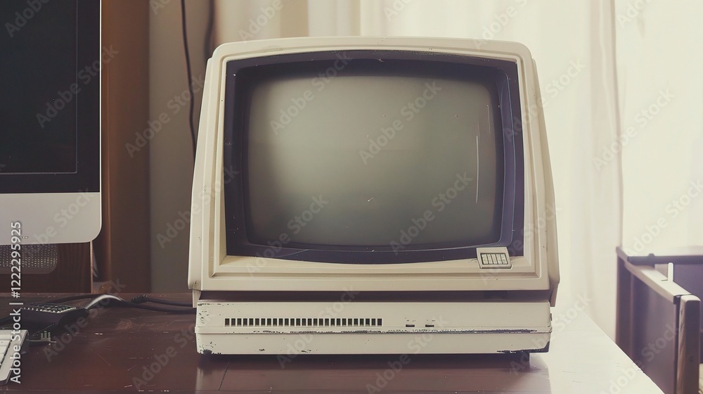 A nostalgic old computer, boasting a bulky form, a cathode - ray tube ...