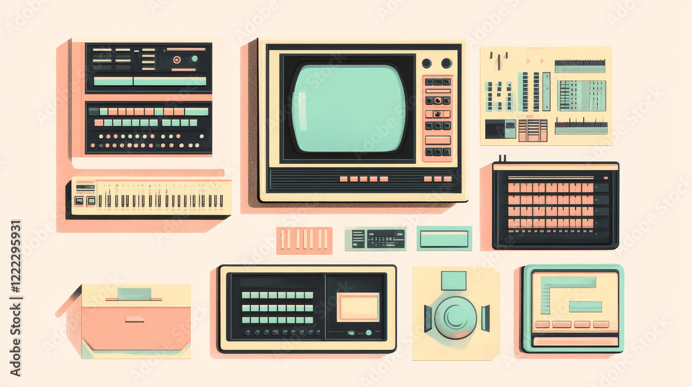 Ilustración de Stock Social media posters template with retro desktop ...