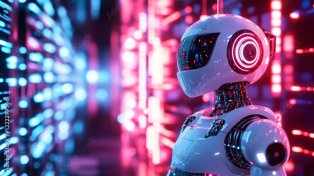 Technology cartoon web banner, artificial intelligence robot at neon ...