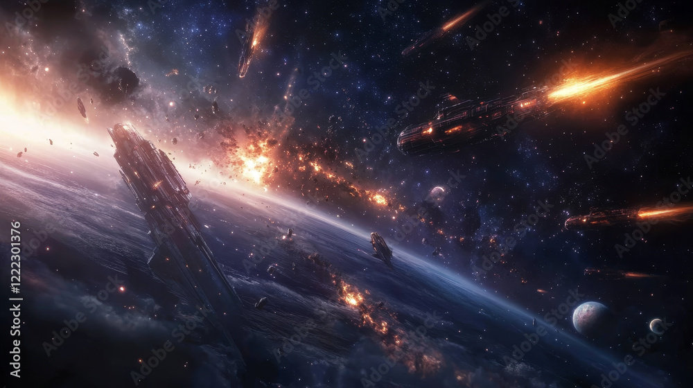 Cartoon rocket and alien UFO flying in outer space. Vector illustration ...