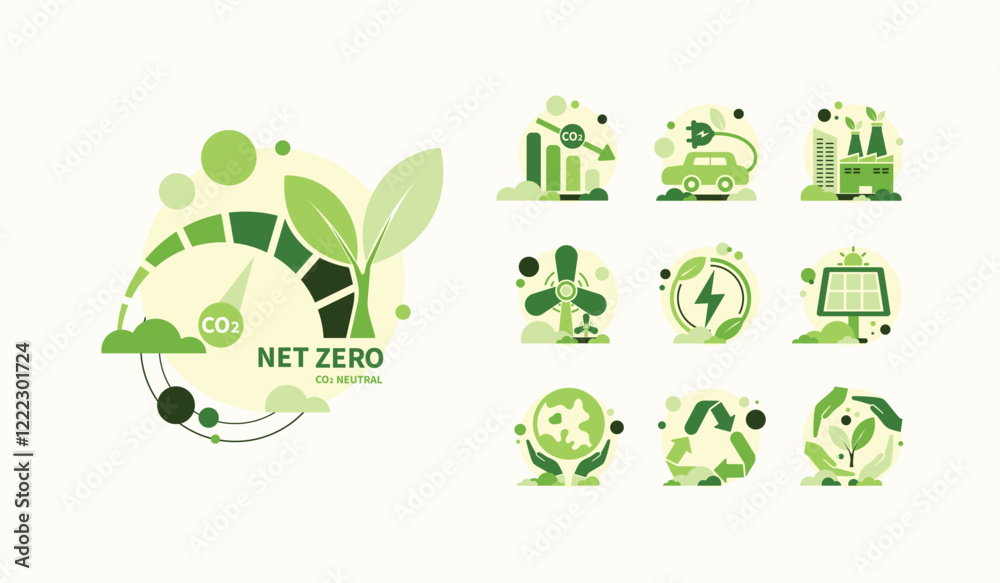 Net zero and carbon neutral concept. Net zero greenhouse gas emissions target. Climate neutral ...