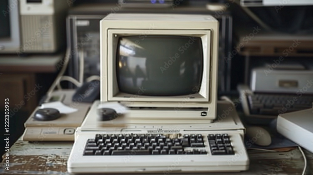 A nostalgic old computer, boasting a bulky form, a cathode - ray tube ...
