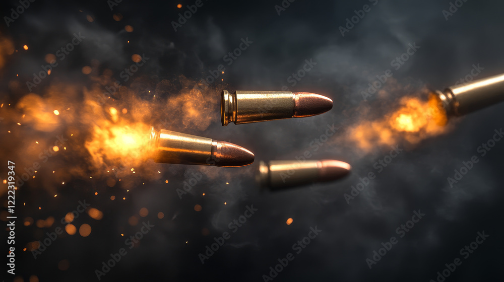Flying bullets with fire and smoke traces. Vector realistic set of fired bullets different ...
