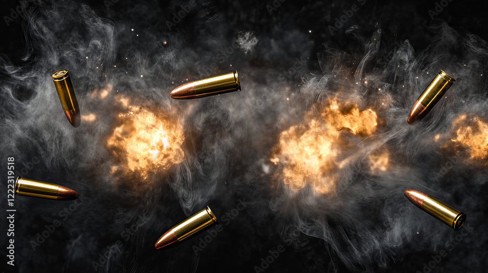 Flying bullets with fire and smoke traces. Vector realistic set of ...