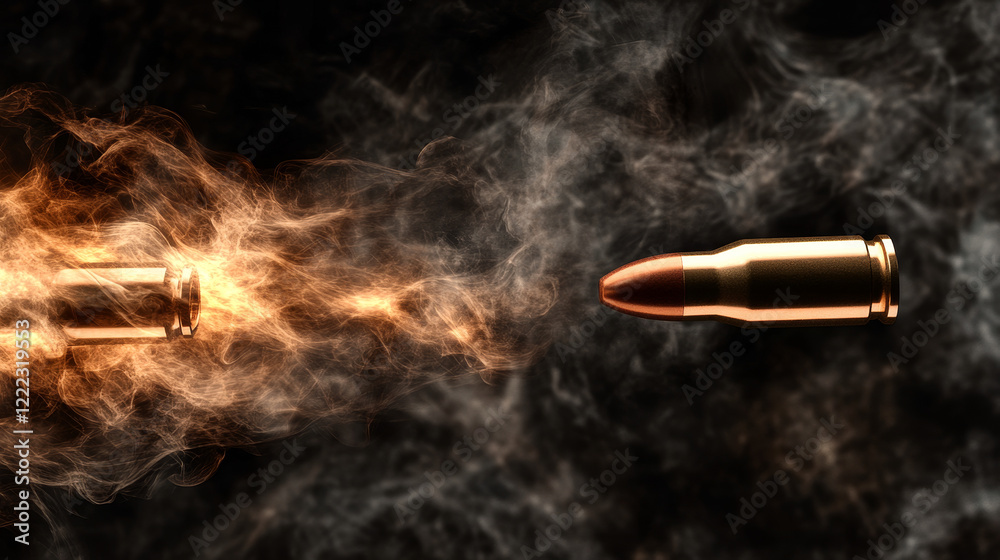 Flying bullets with fire and smoke traces. Vector realistic set of ...