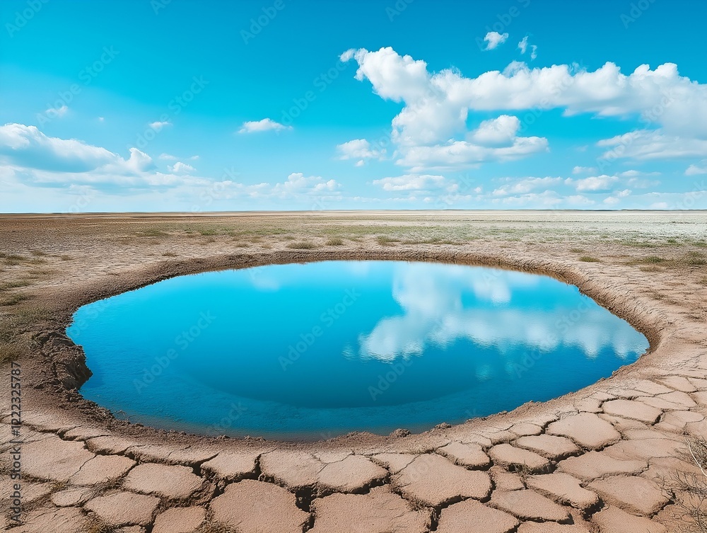 deep blue lake in a dry, cracked earth basin, arid landscape, clear sky ...