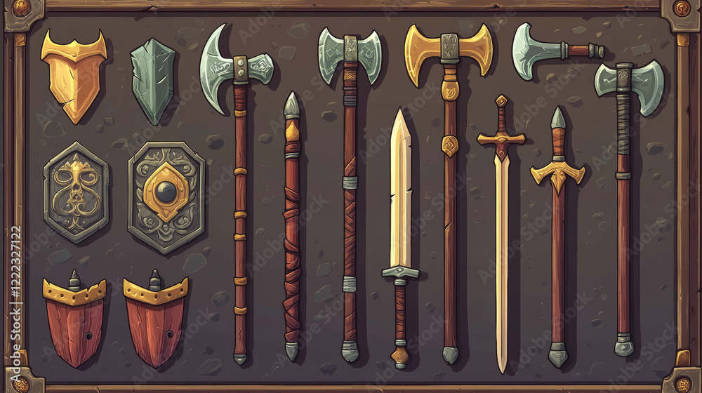 Rpg game shop menu panel with medieval weapon, swords, axe and shields in metal frames. Cartoon ...