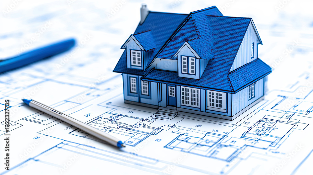Detailed Architectural Blueprint of a House With a 3D Model on a ...