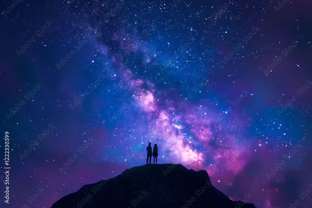 Small Silhouetted couple stargazing under vibrant Milky Way galaxy in a ...