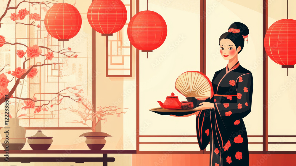 Chinese culture banner with woman in kimono in room with red lanterns ...