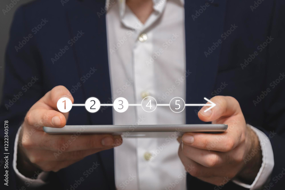 Business plan progress step, Man with a tablet and step checklists with ...