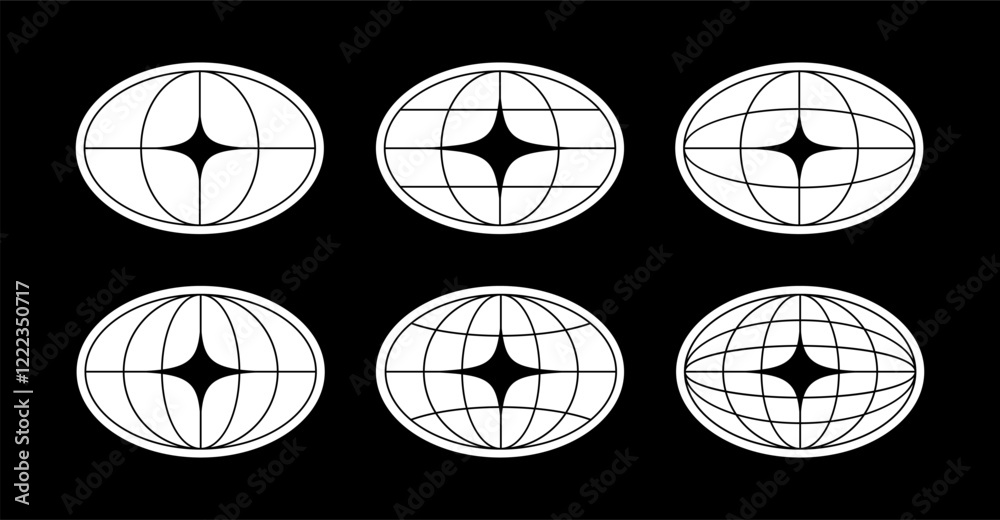 World globe grids in oval form with stars shapes. Linear striped spheres, earth latitude and ...