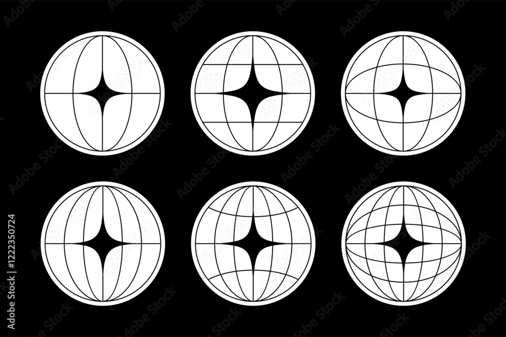 World globe grids in circle form with stars shapes. Linear striped ...