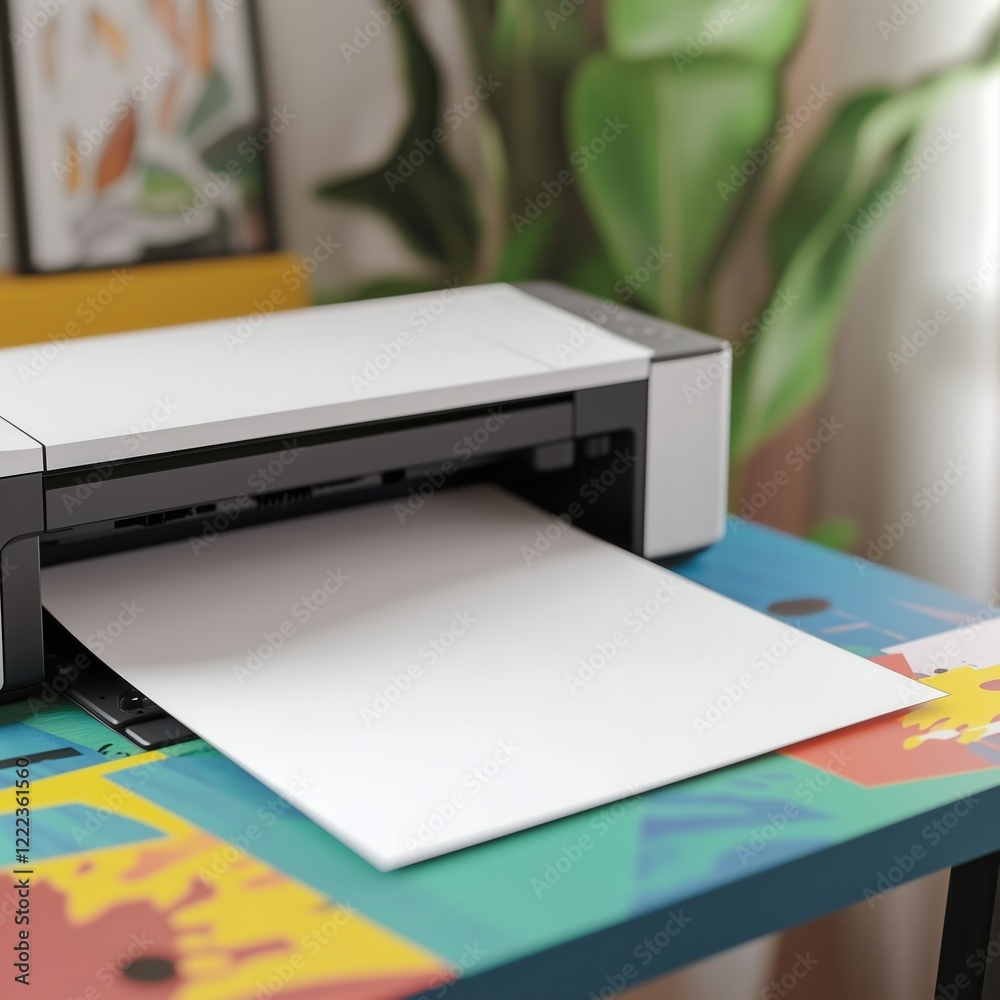 Desktop printer mockup. Small business concept of setting up workspace ...