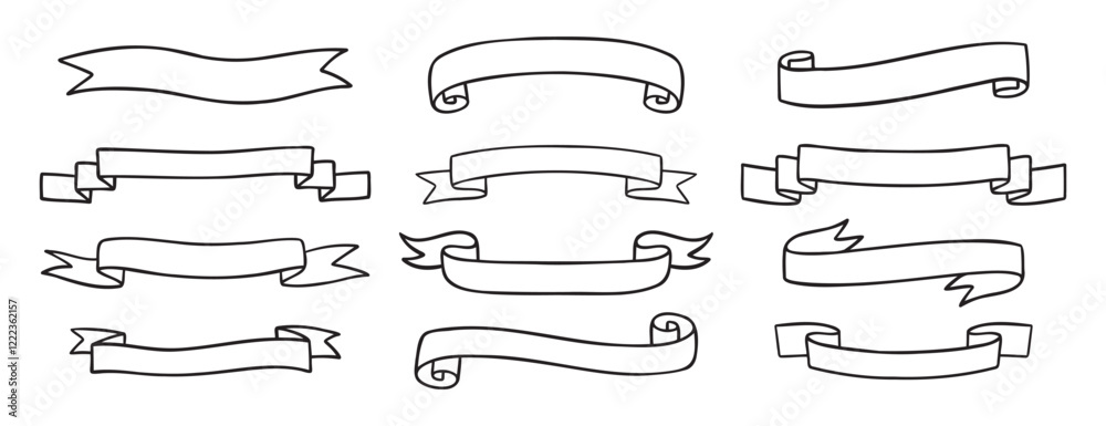 ribbons template for text doodle hand drawn icon set. Outline drawing ...