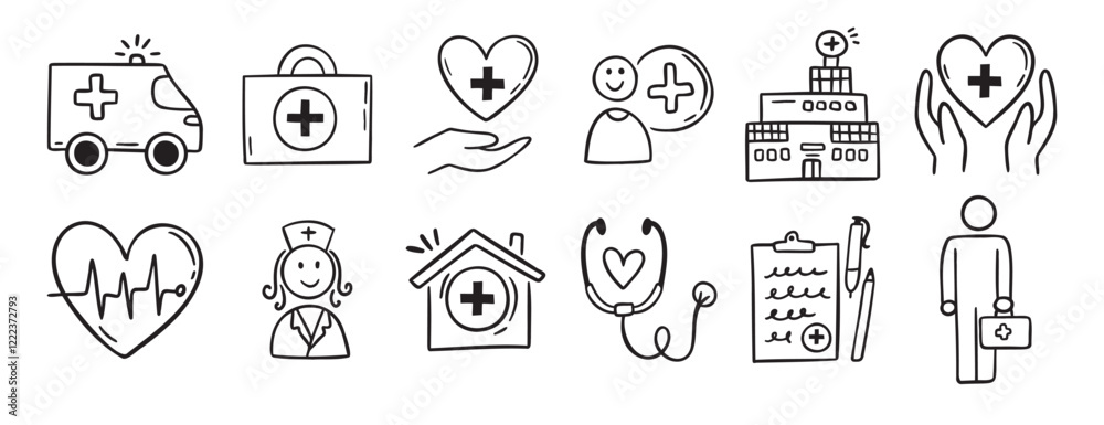 Medical kit, hospital, clinic doodle hand drawn icon set. Outline ...