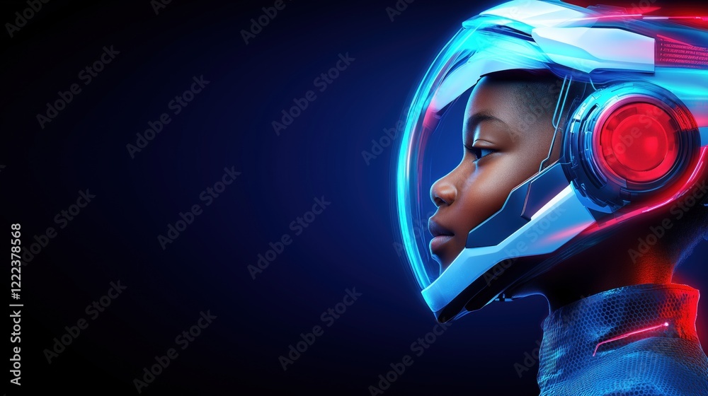 young astronaut is depicted wearing a sleek, high-tech helmet ...