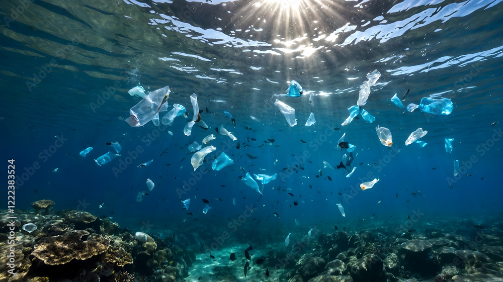 Plastic bottles floating underwater, ocean pollution and environmental ...