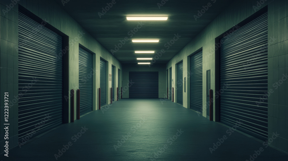 Warehouse interior with closed gates. Vector realistic illustration of ...