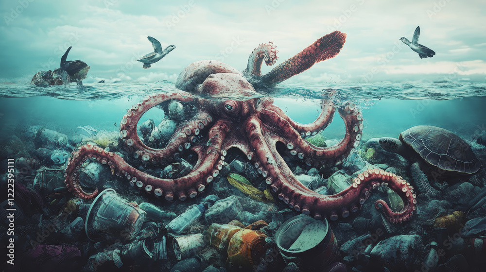 Save ocean cartoon poster with underwater animals and trash in sea ...