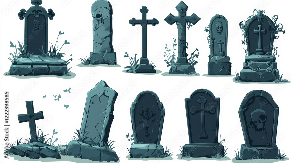 Halloween grave headstone cartoon illustration. Vector old tombstone with christianity cross and ...