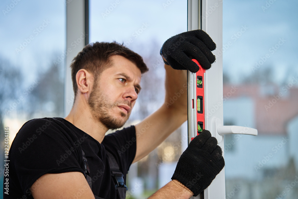 Professional builder using red spirit level for alignment of window ...