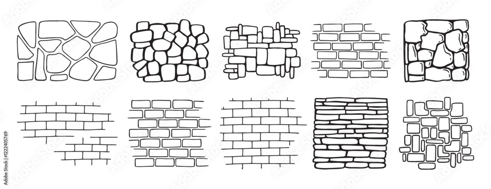 brick and stone wall textures doodle hand drawn. Outline drawing brick ...