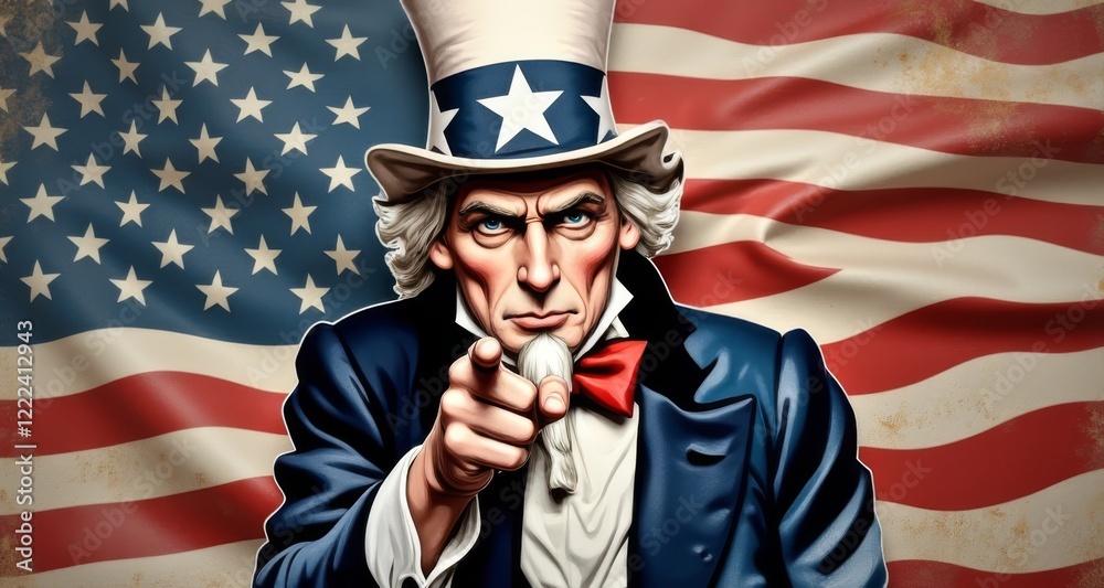 An image of Uncle Sam in a blue suit against the backdrop of an ...