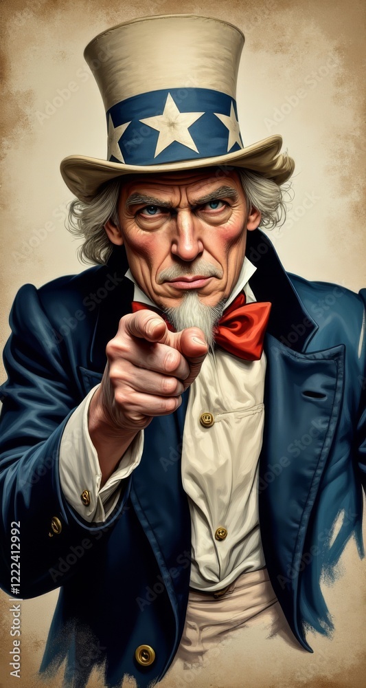 Vintage image of Uncle Sam in blue suit on light background pointing ...