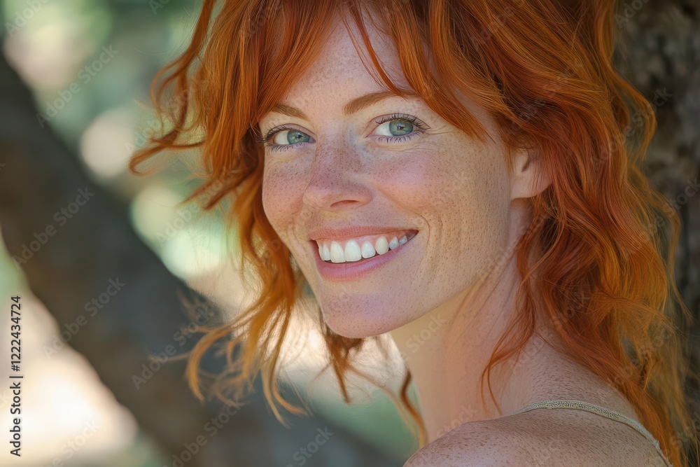 candid portrait of a woman with copper-red hair and emerald eyes ...