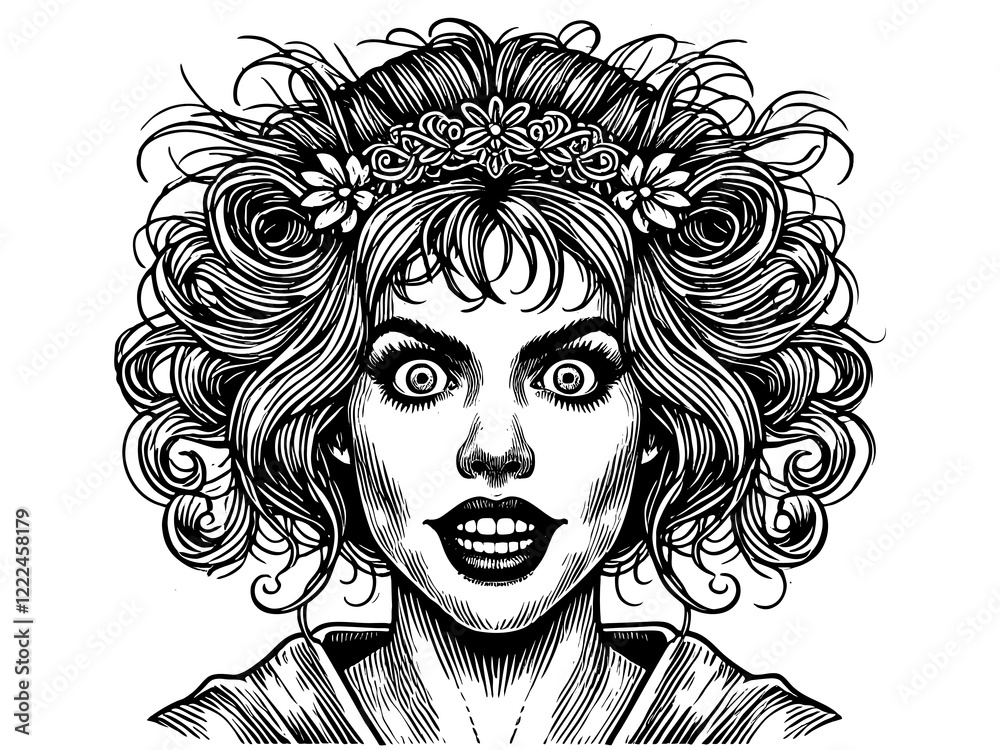 Crazy mad insane woman with a wide-open mouth and expressive eyes ...