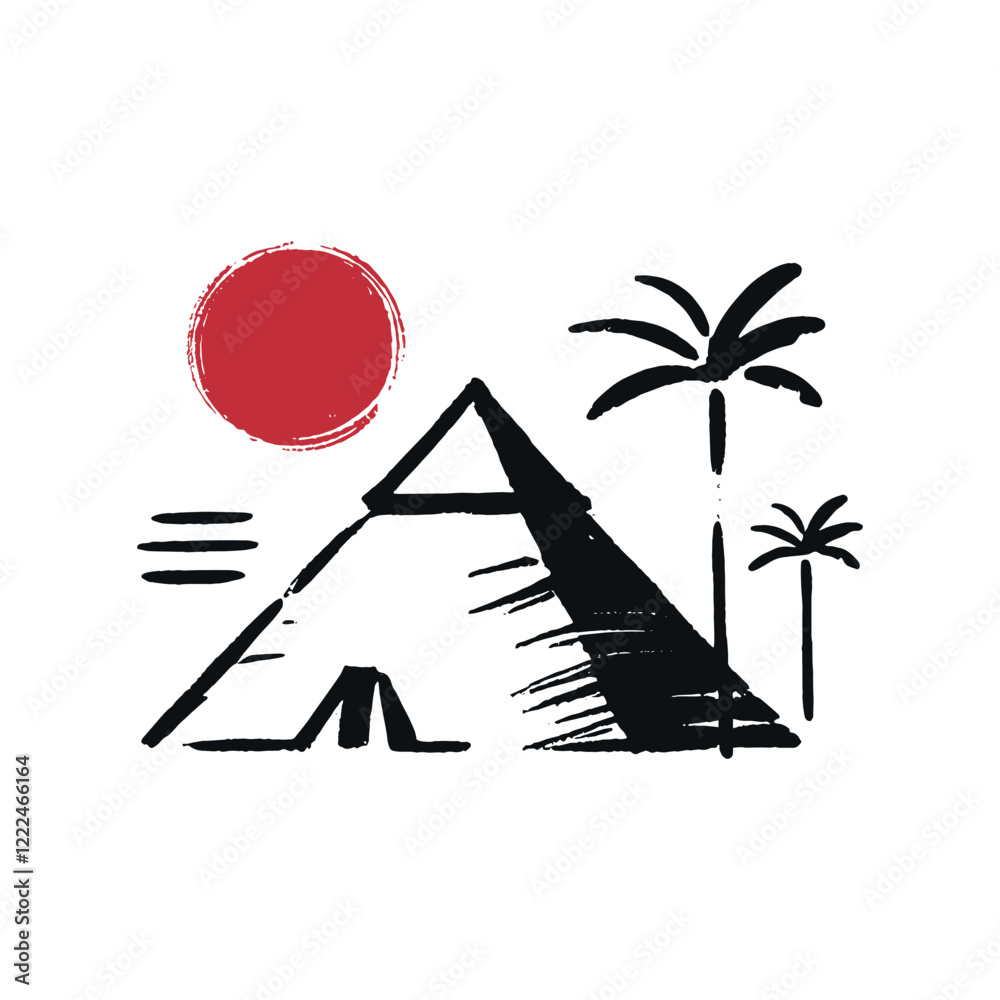 Minimalist hand-drawn Egyptian pyramids with palms and red sun in ...